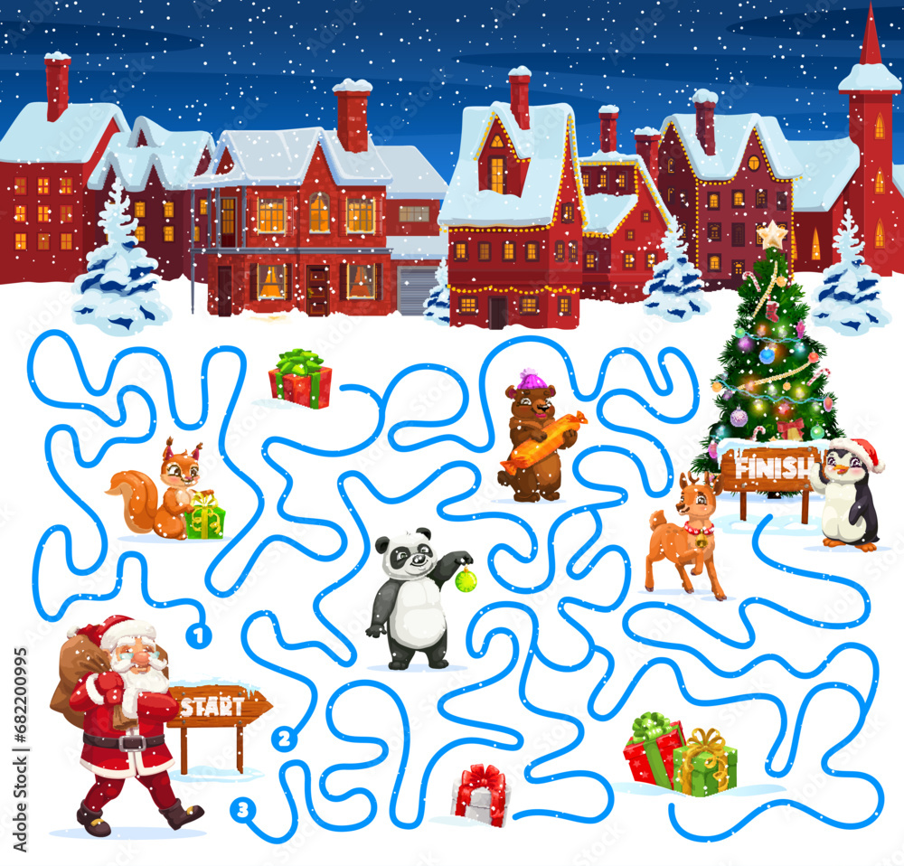 Christmas labyrinth maze with holiday characters. Kids vector board ...