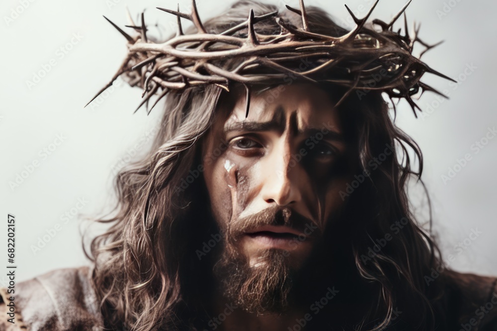 Jesus with bloody crown of thorns on His head over light background ...