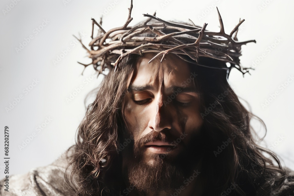 Jesus with bloody crown of thorns on His head over light background ...
