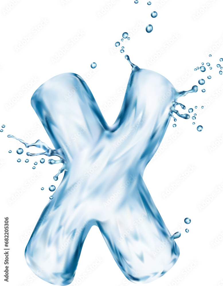 Realistic water font, letter X flow splash type, liquid aqua typeface ...