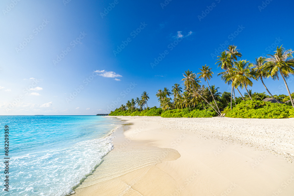 Beautiful tropical beach. Sea waves white sand, palm trees, turquoise ...