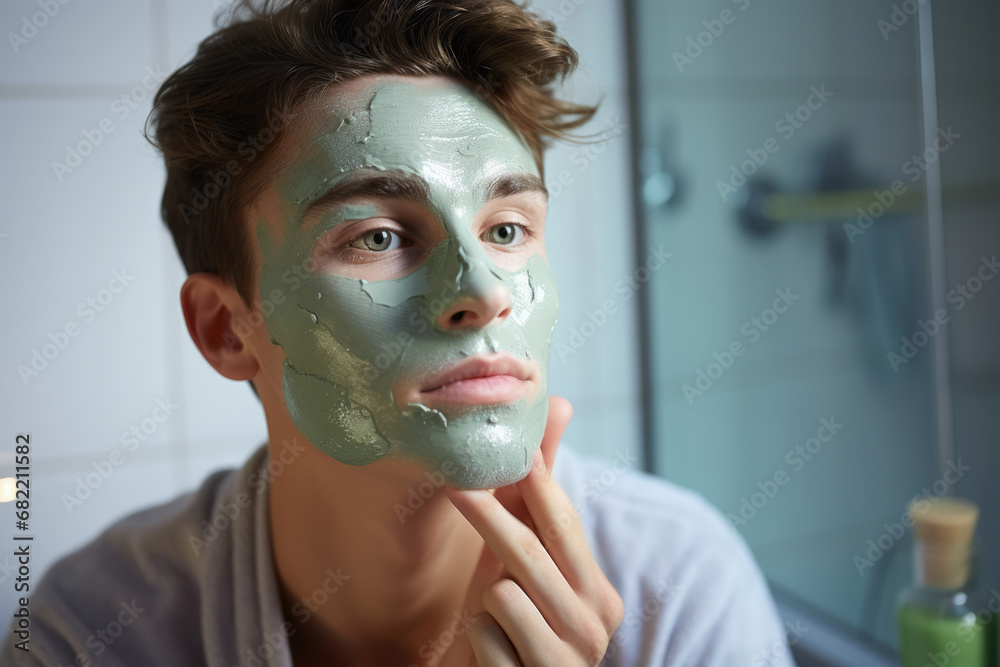 Teenage boy with acne problem take care his face skin at home. He looking in the mirror and ...