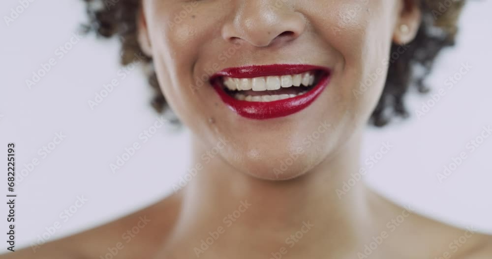 Woman, smile and red lipstick with makeup, happy and isolated on white ...