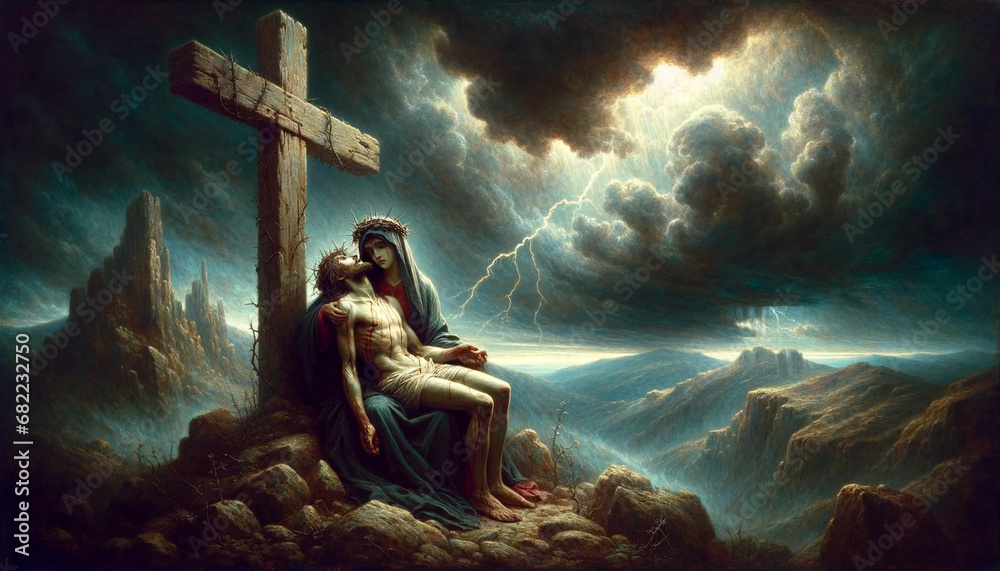 At the foot of the Cross: The body of the Crucified Christ held by the ...