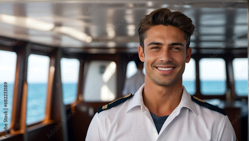 Portrait of smiling young guy as captain of ship on uniform on the sea ...