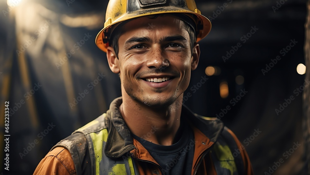 Portrait of smiling young coal miner on a underground construction site ...