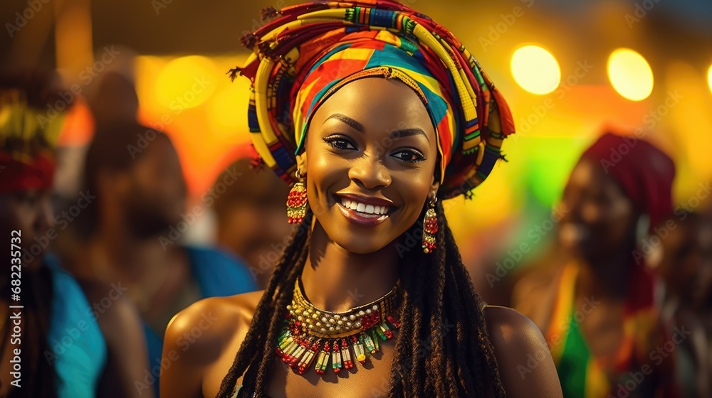 African woman wearing traditional national clothing and head wrapper ...