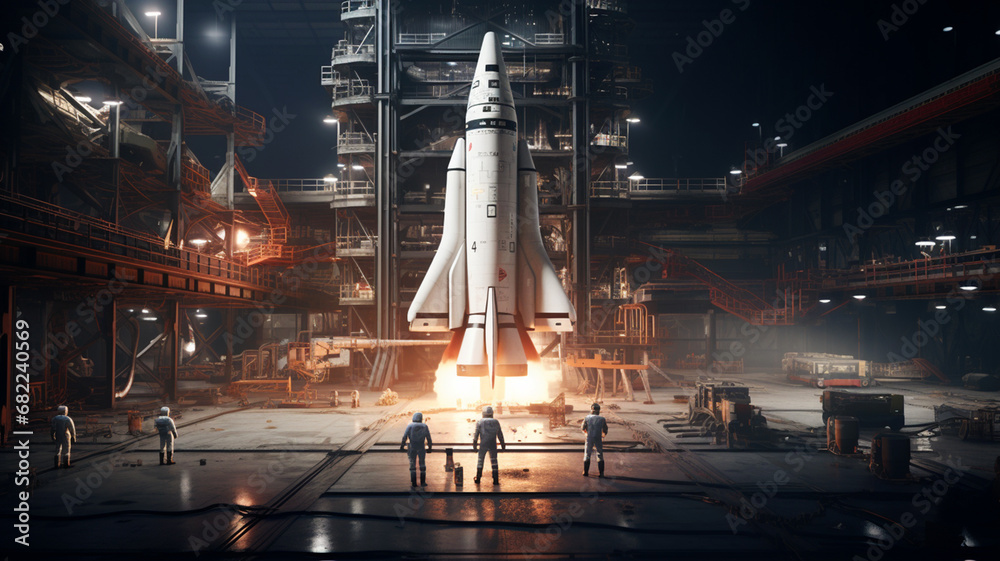 Rocket engineers building a rocket in an aerospace factory Stock Photo ...