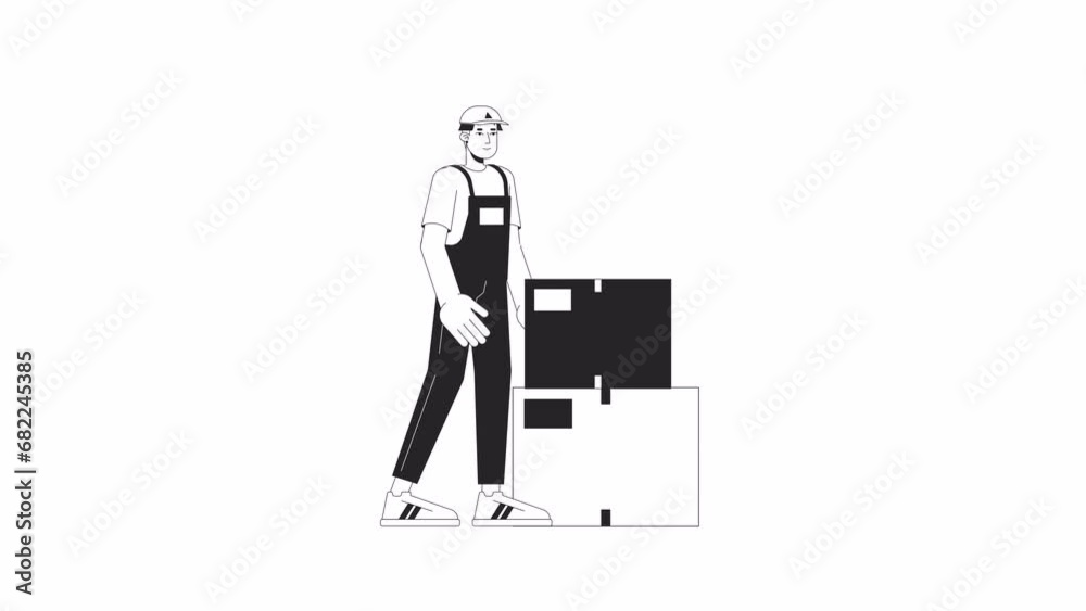 Adult asian delivery man putting down box bw outline 2D character ...