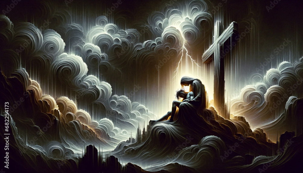 Golgotha's Agony: An Abstract Depiction of Mary Holding the Crucified ...