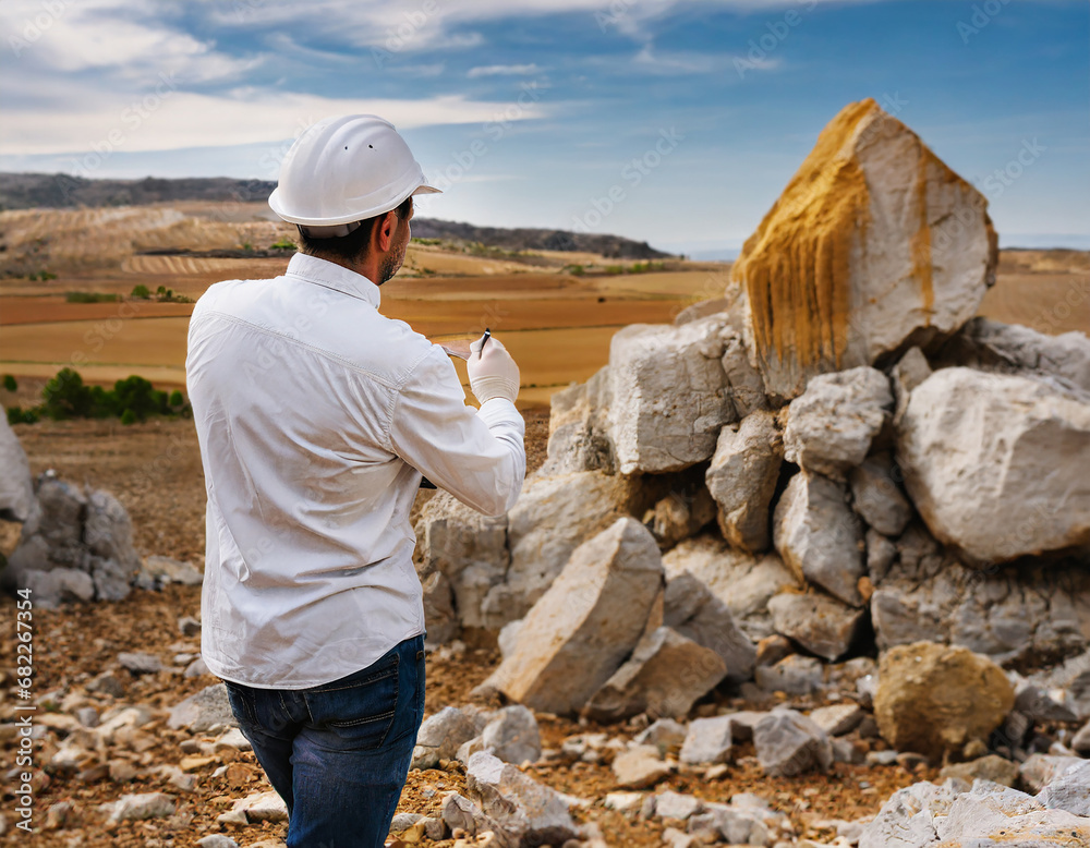 Back view of a male geologist examining rock formations in the field ...