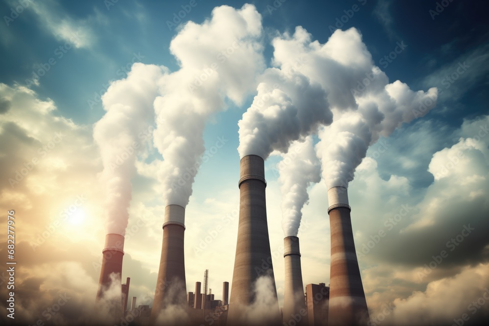 chimneys of power plant releasing co2 emissions Stock Photo | Adobe Stock
