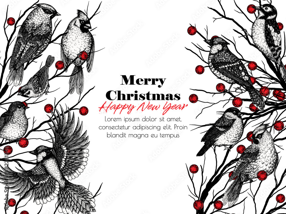 Vector illustration of 9 winter birds. Waxwing, robin, bullfinch, red ...