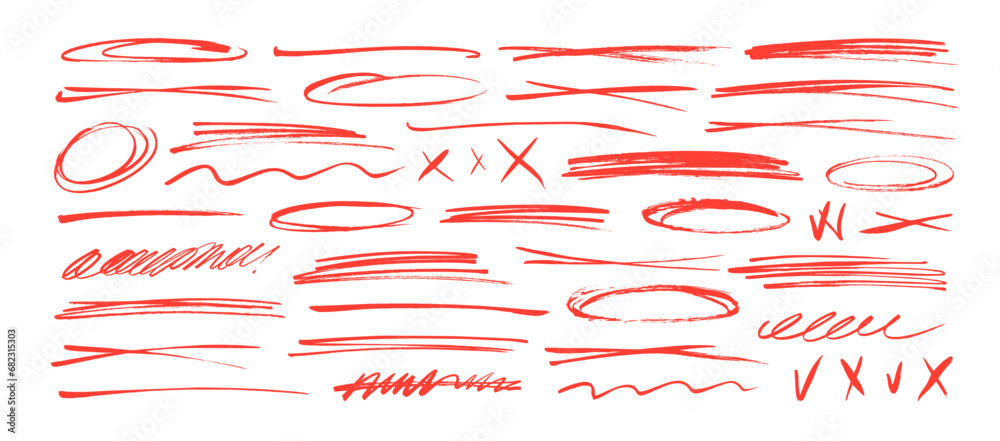 Underline and strike through red markers collection. Hand drawn vector ...