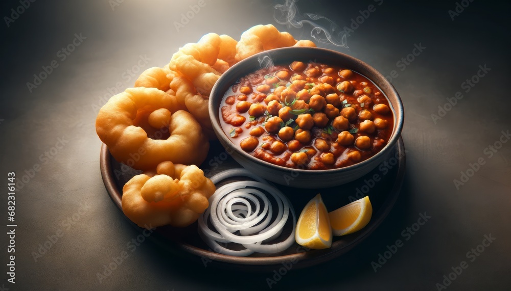 A realistic photograph of Chole Bhature, featuring fluffy Bhature ...