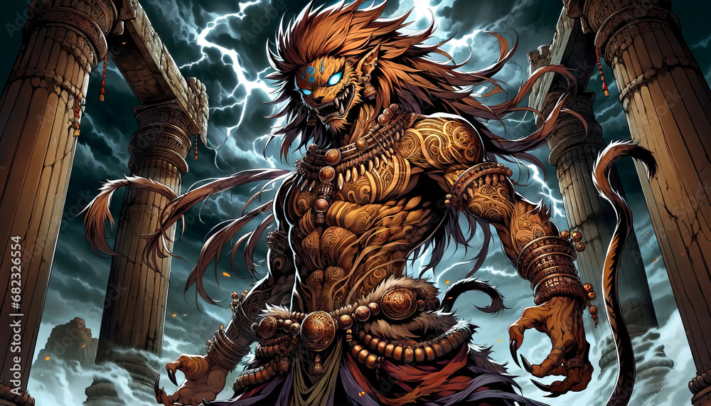 Anime-style depiction of a Rakshasa from Hindu mythology, set in a 16:9 ...
