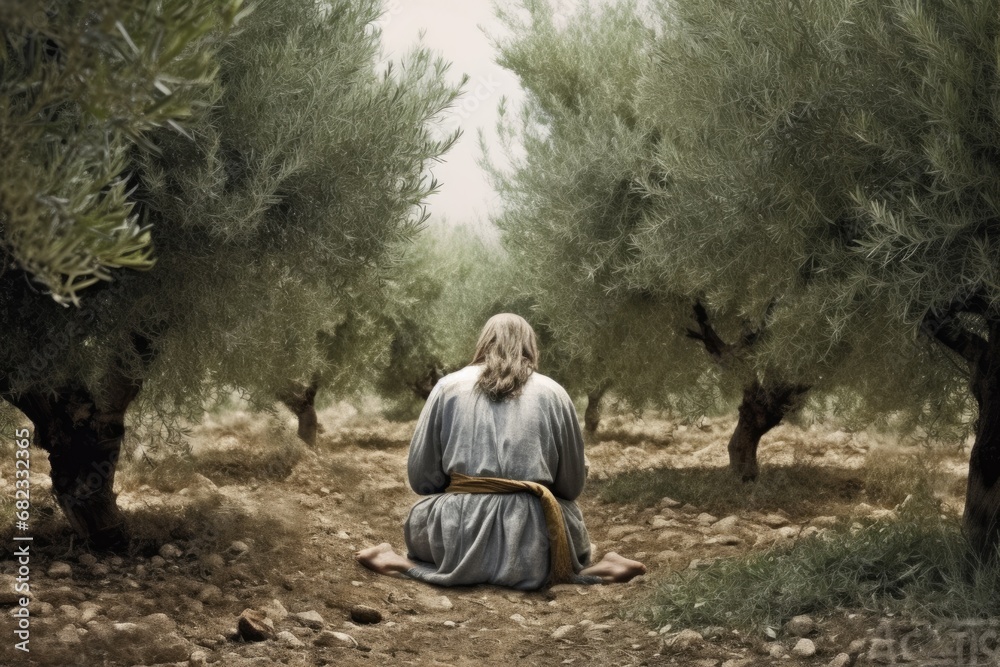 Jesus in agony praying in Gethsemane garden of olives before his ...