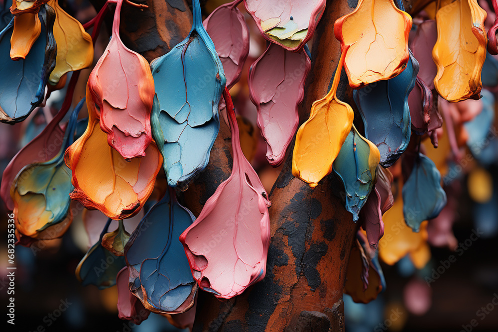 A vibrant Rainbow Eucalyptus tree, its multi-colored bark peeling away ...