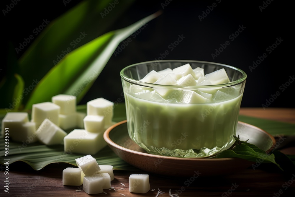 A vibrant display of Buko Pandan, a traditional Filipino dessert made ...