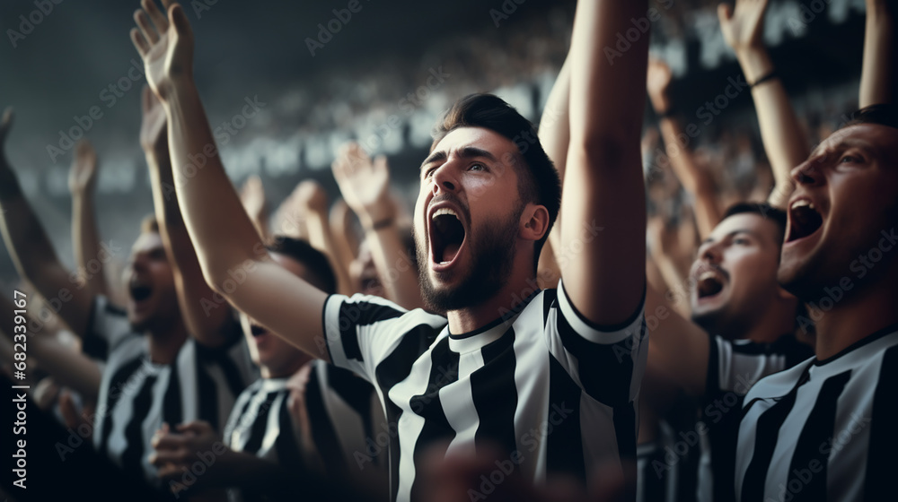 Crowd of sports fans cheering during a match in stadium. Excited people ...