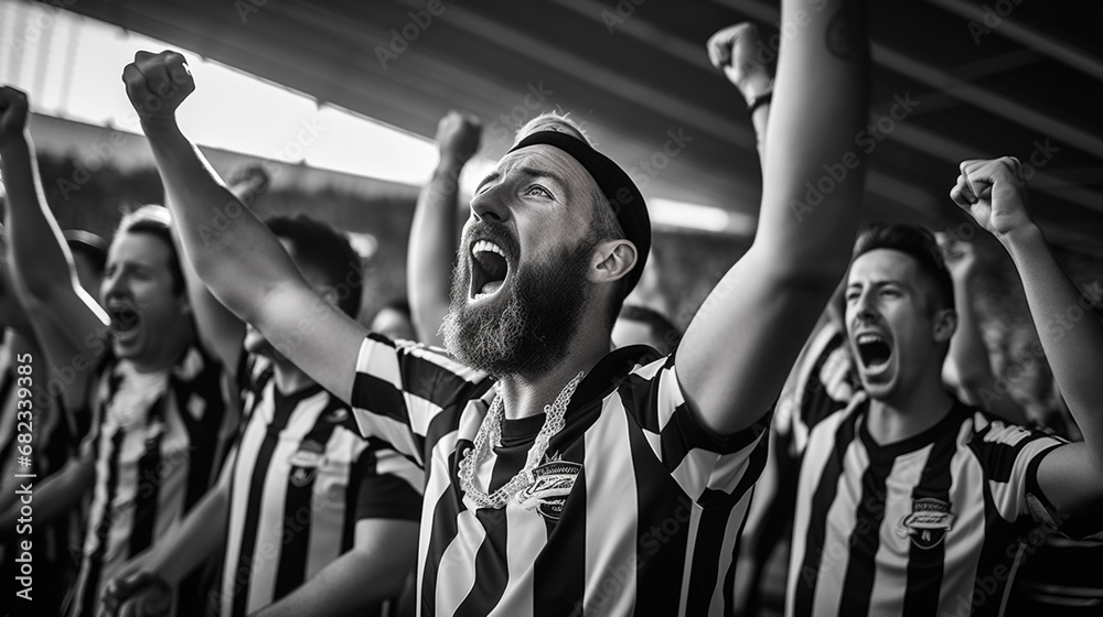 Crowd of sports fans cheering during a match in stadium. Excited people ...