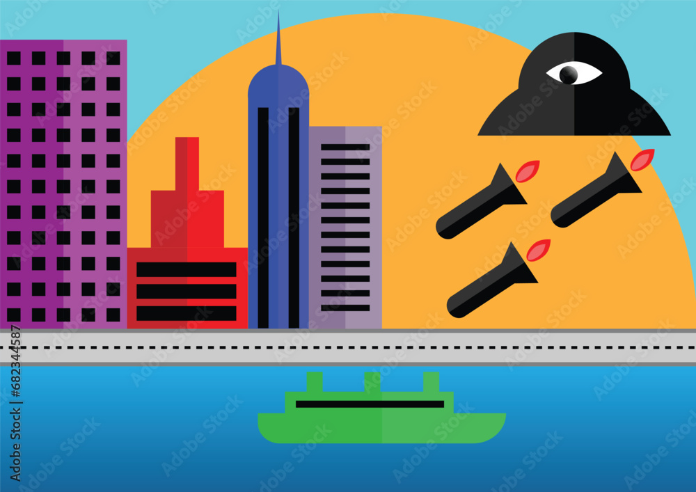skycraper was attacked by aliens with rocket bomb Stock Vector | Adobe ...