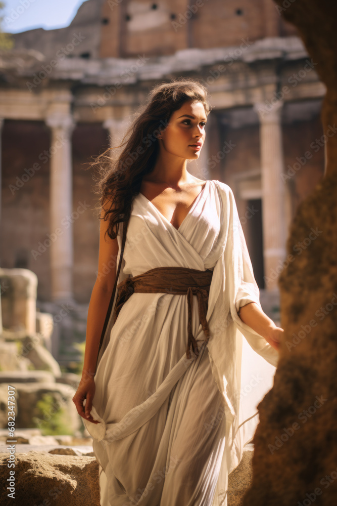 Beautiful woman wearing a white toga in ancient Roman style in middle ...