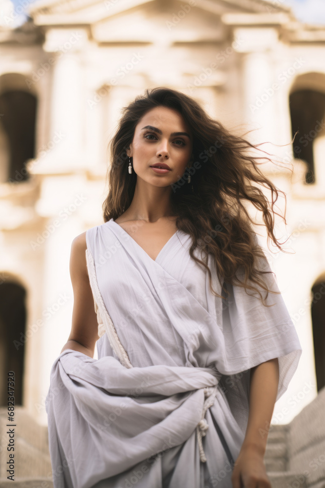 Beautiful woman wearing a white toga in ancient Roman style in middle ...