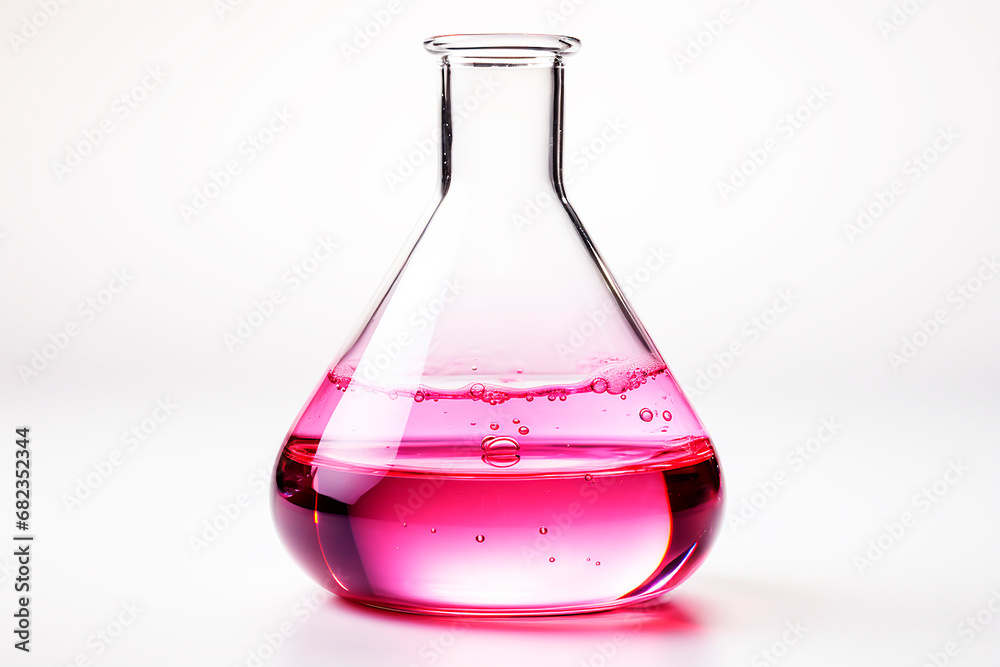 White background, round bottom distillation flask, pink liquid, glass ...
