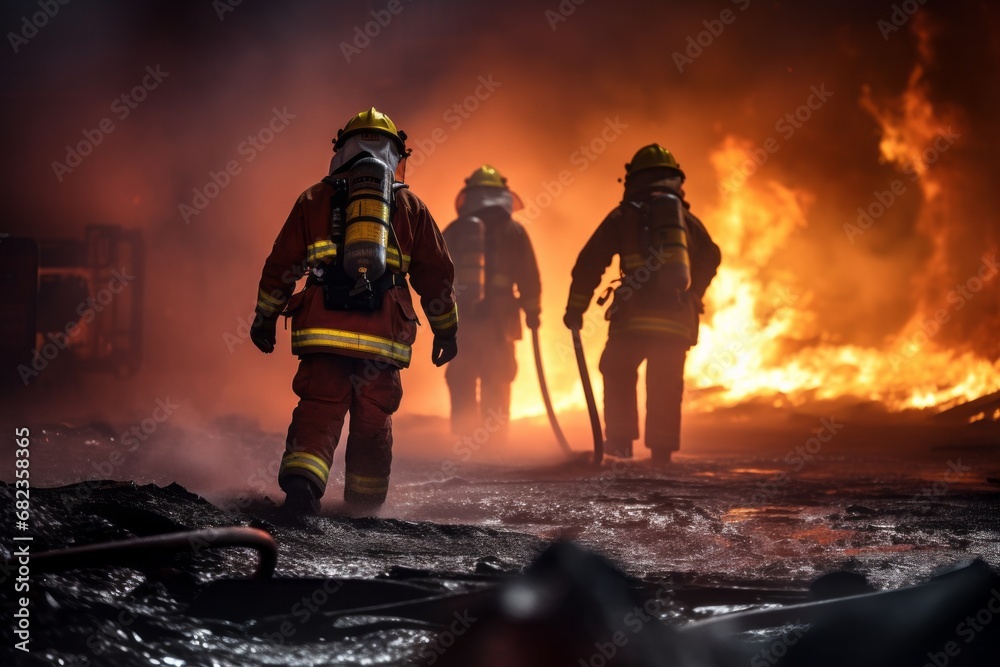 Firefighters next to a fire truck extinguishing a large fire, orange ...
