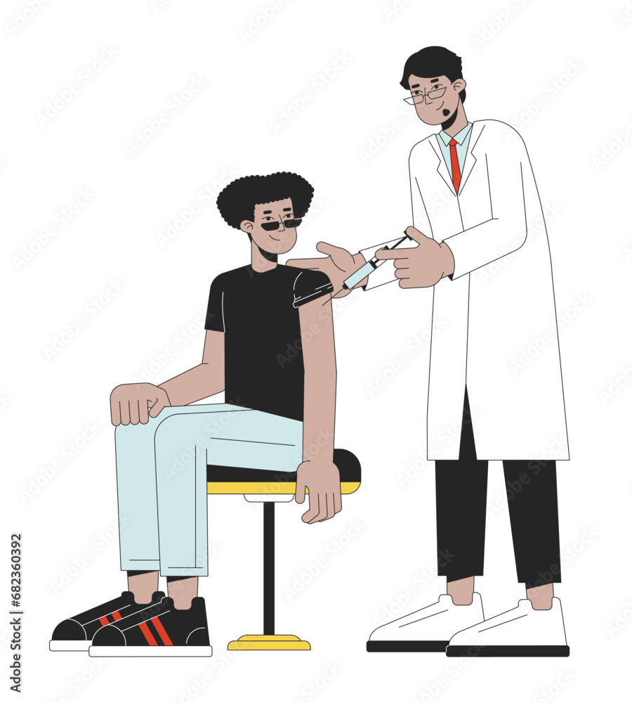 Vaccination student line cartoon flat illustration. Arab doctor vaccine ...