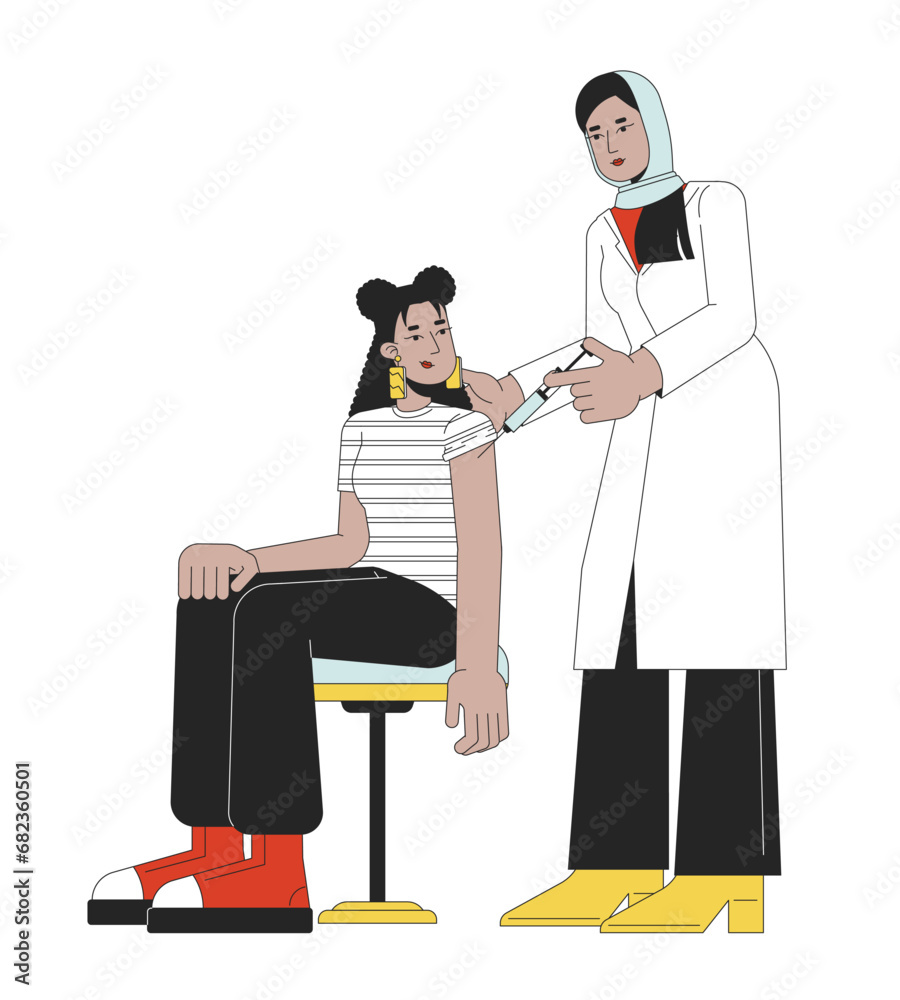 Influenza vaccination line cartoon flat illustration. Muslim hijab ...