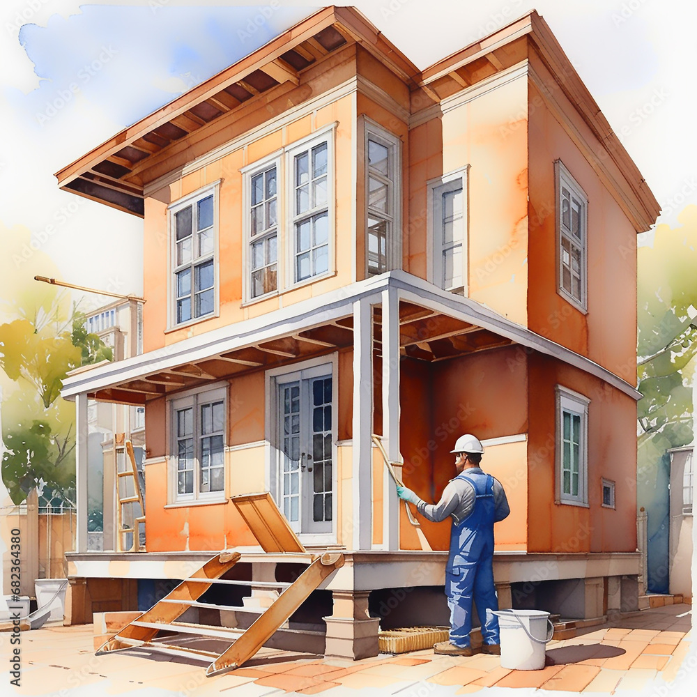 Workers insulating a house. Installation of panels on the outside of ...