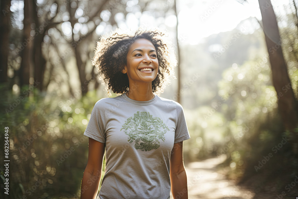 Smiling African American woman enjoying leisure walk amidst nature ...