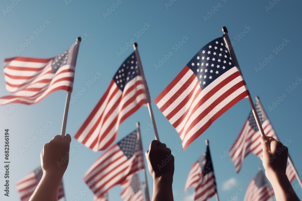 Raised human hands holding USA flags, on blue sky background Stock ...