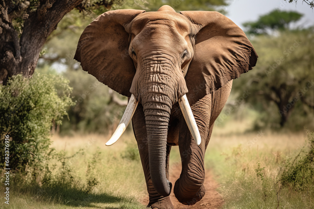 A big bull elephant with huge tusks charges head on with his ears Stock ...