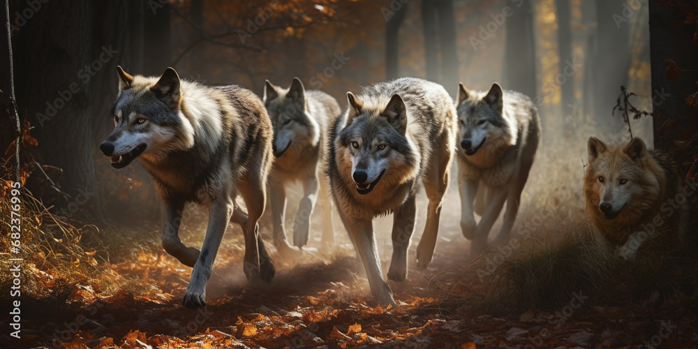 Wolf pack running in the woods. Generative AI. Stock Illustration ...