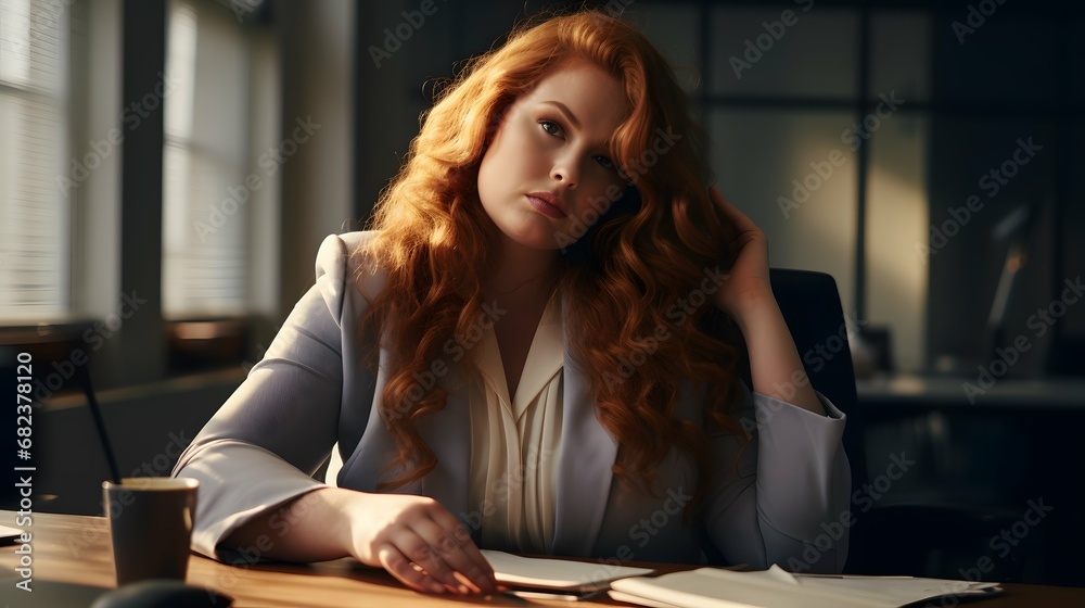Plus size beautiful business woman model in a suit, in the office, window in the background ...