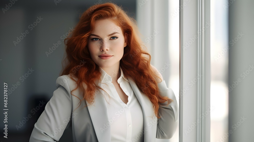 Plus size beautiful business woman model in a suit, in the office ...