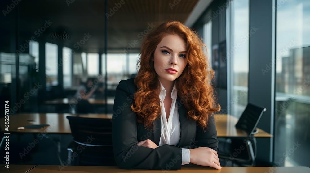 Plus size beautiful business woman model in a suit, in the office ...