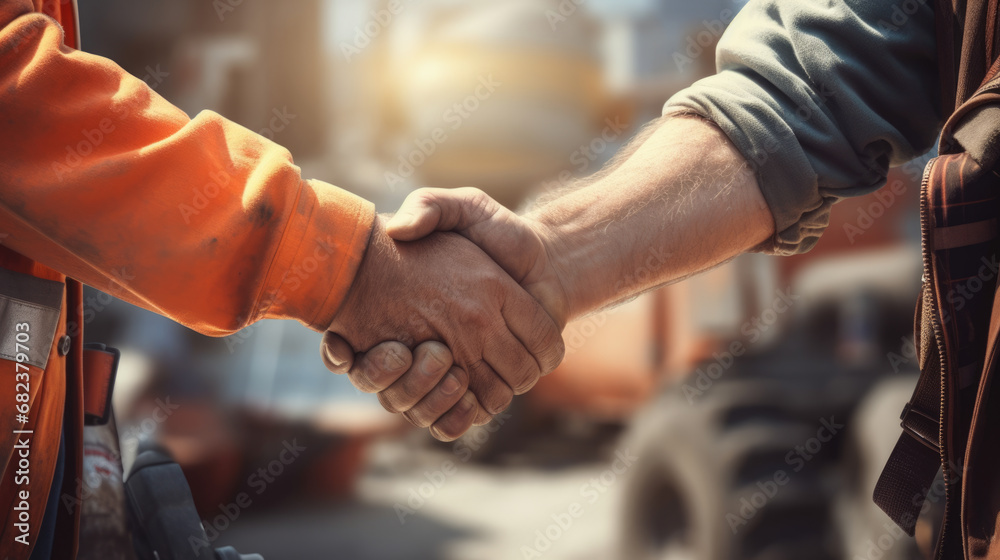 Two construction workers are shaking hands, , symbolizing teamwork at a ...