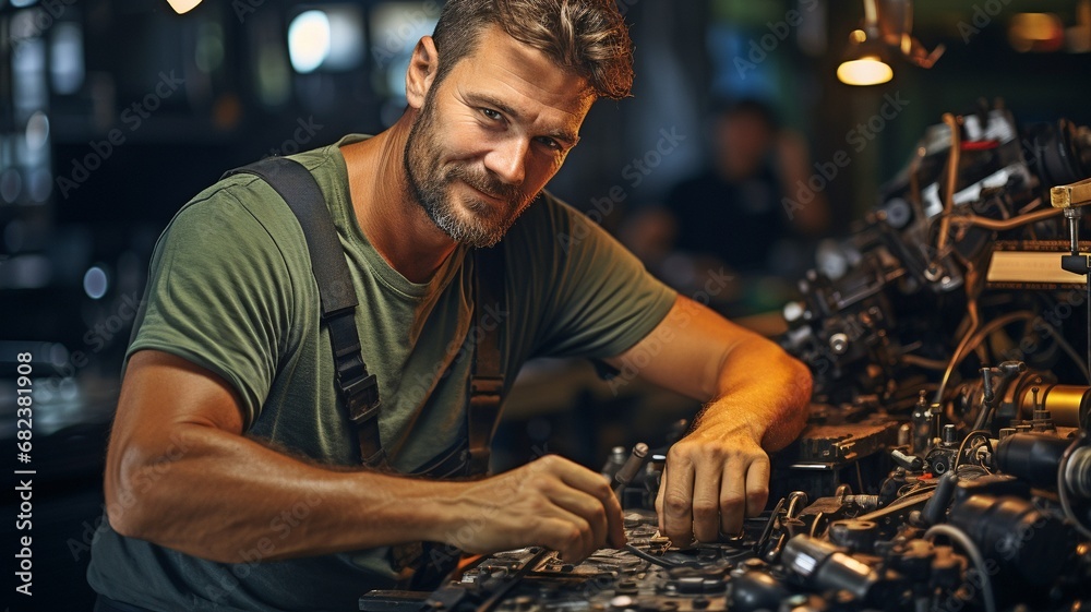 Young Australian tradesman in an auto repair shop, repairing an engine ...