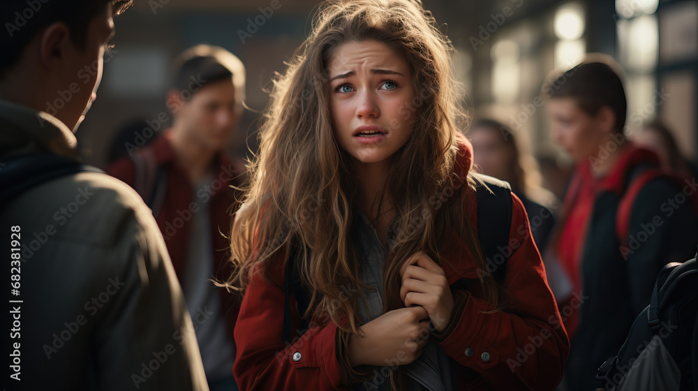 Young girl crying while getting bullied at school. Concept of Bullying ...