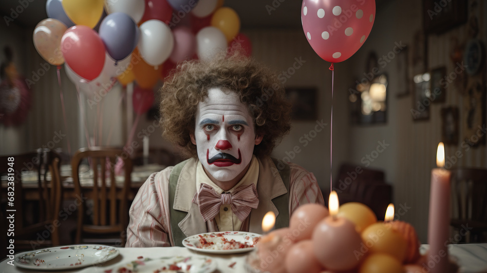 Sad clown at a kids birthday party with balloons. Concept of Emotive ...