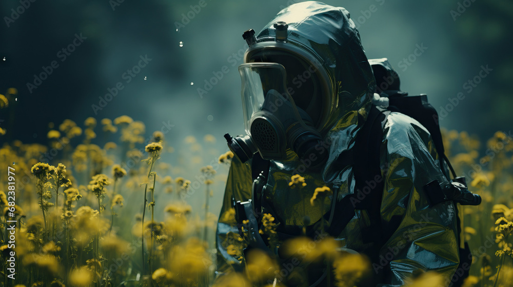 Person wearing Hazmat suit yellow gas mask walking through flowers ...