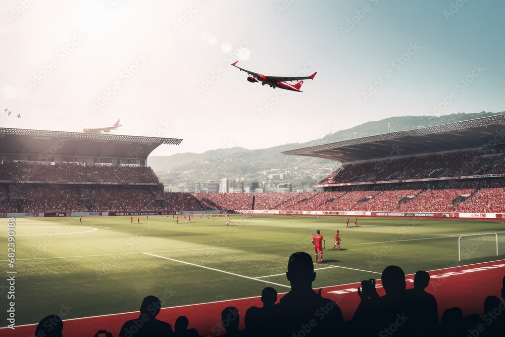 Commercial airplane taking inside off of football stadium. Stock Photo ...
