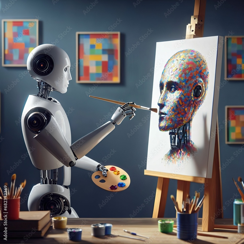 Humanoid robot artist is painting a self portrait in an art studio. AI ...