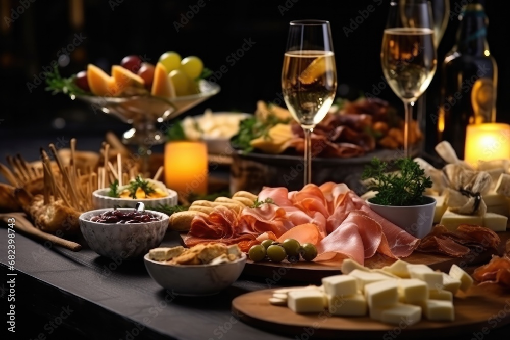 Light snacks in a plate on a buffet table. Assorted mini canapes ...