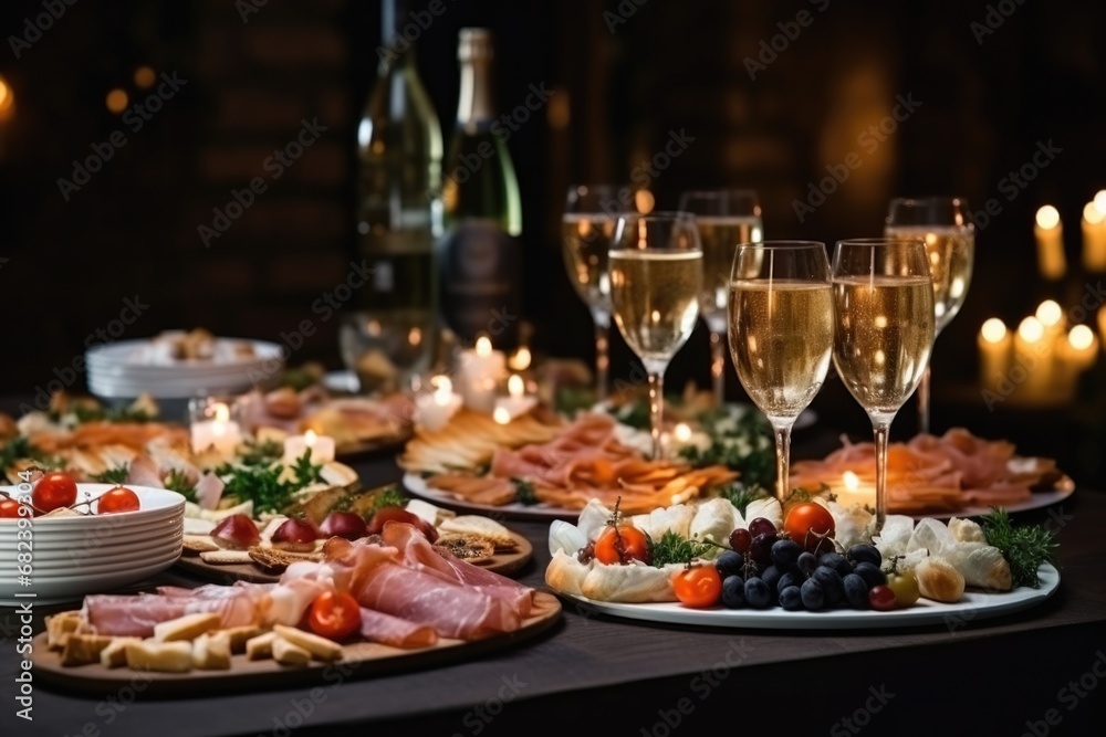 Light snacks in a plate on a buffet table. Assorted mini canapes ...