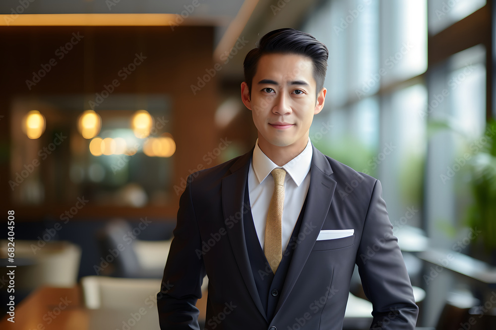 A Asian male businessman standing in a pose hands in the pocket wearing ...